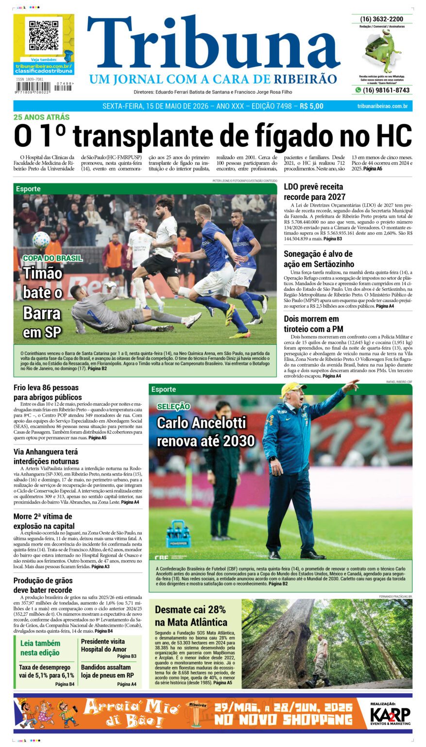 Capa do dia 15 de maio de 2026 - Tribuna Ribeirão