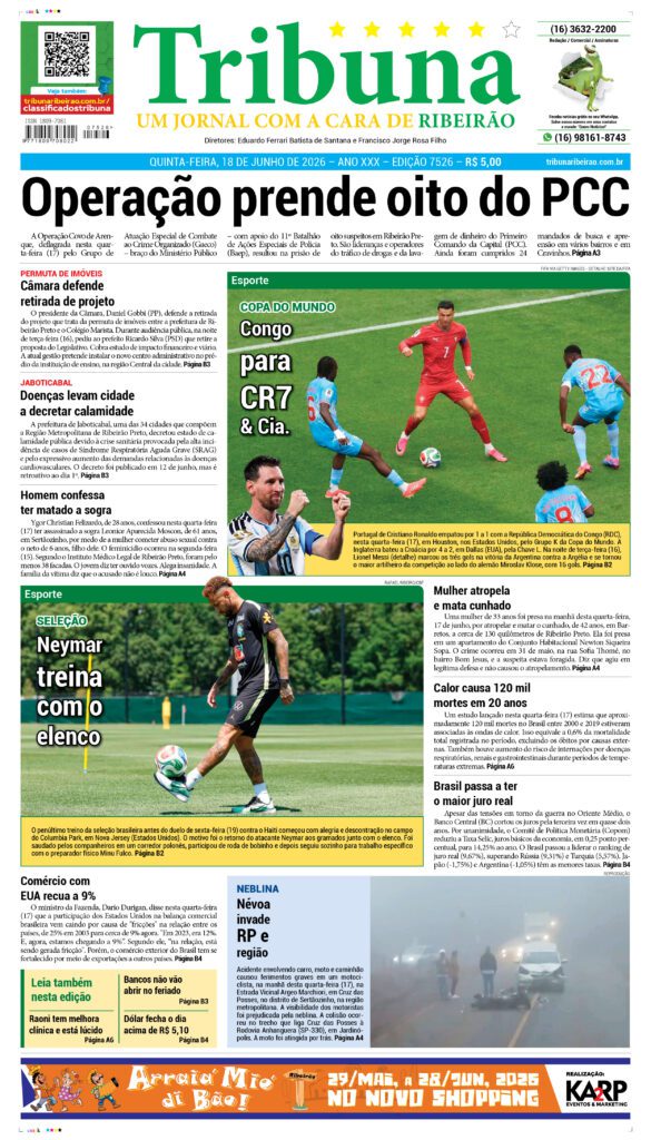 Capa do dia 18 de junho de 2026 - Tribuna Ribeirão